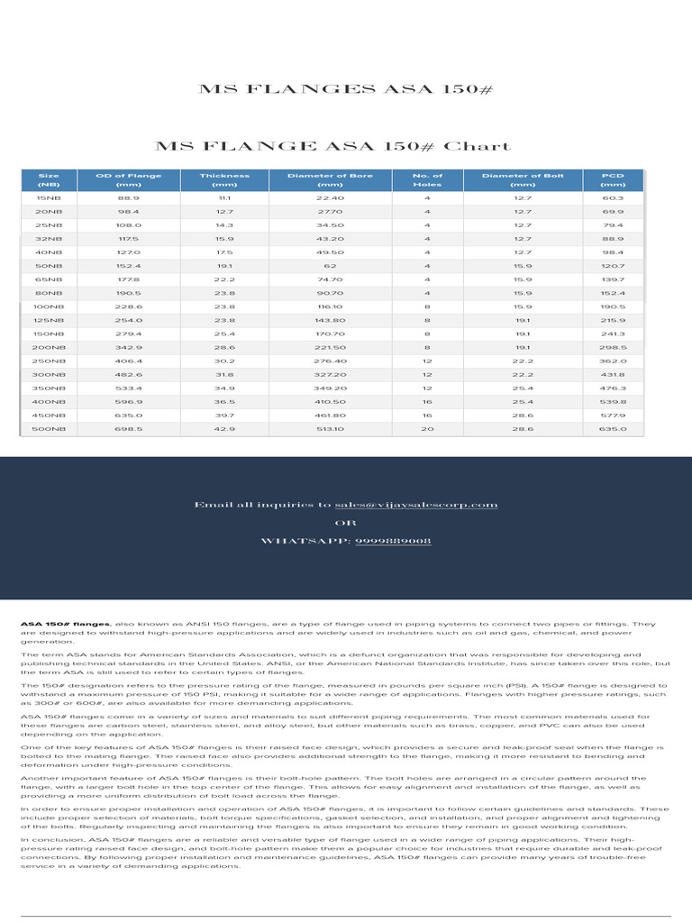 MS Flange ASA 150 Chart Accurate Dimensions & Specifications - Vijay ...