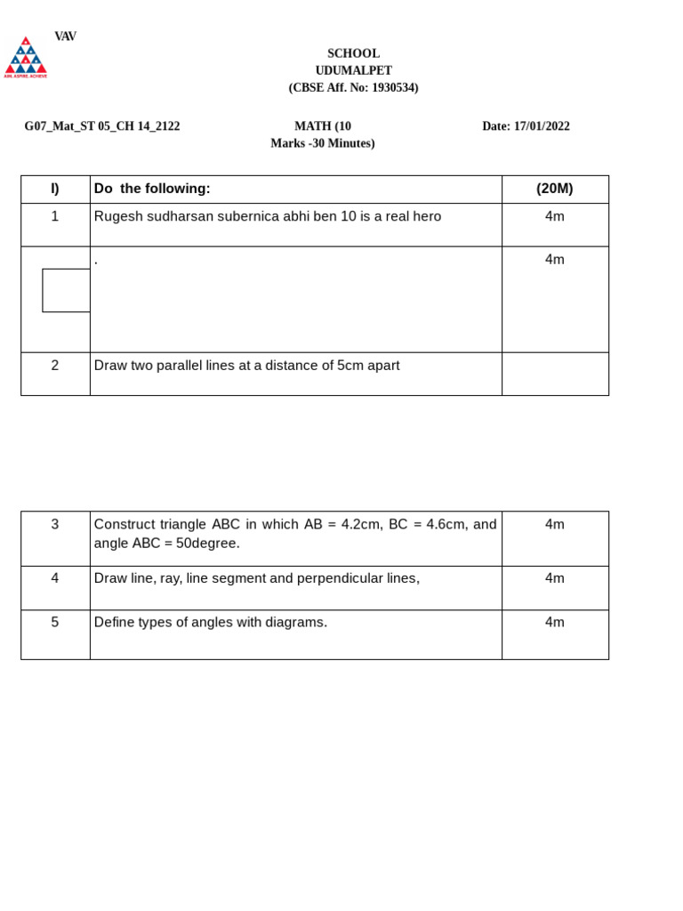 VAV School Math Exam Paper 2022 | PDF