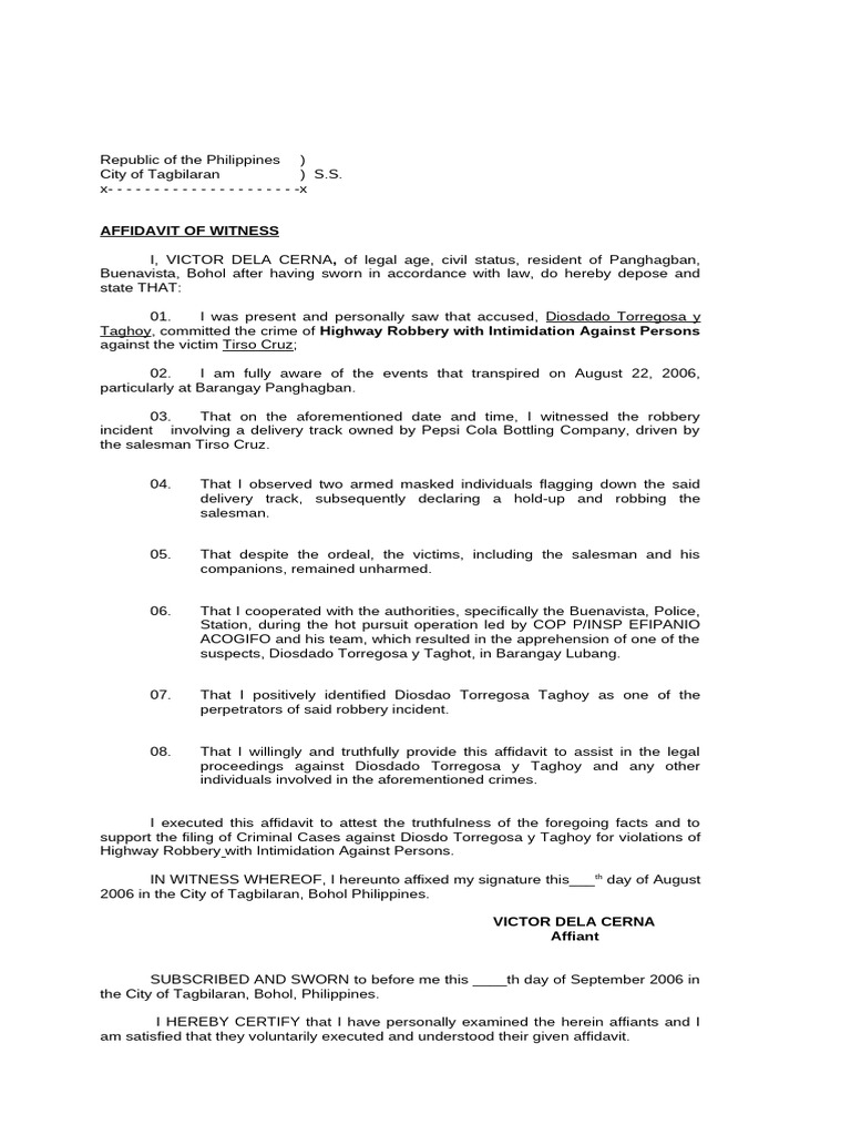 Sample of Affidavit of Witness | PDF | Affidavit | Crimes