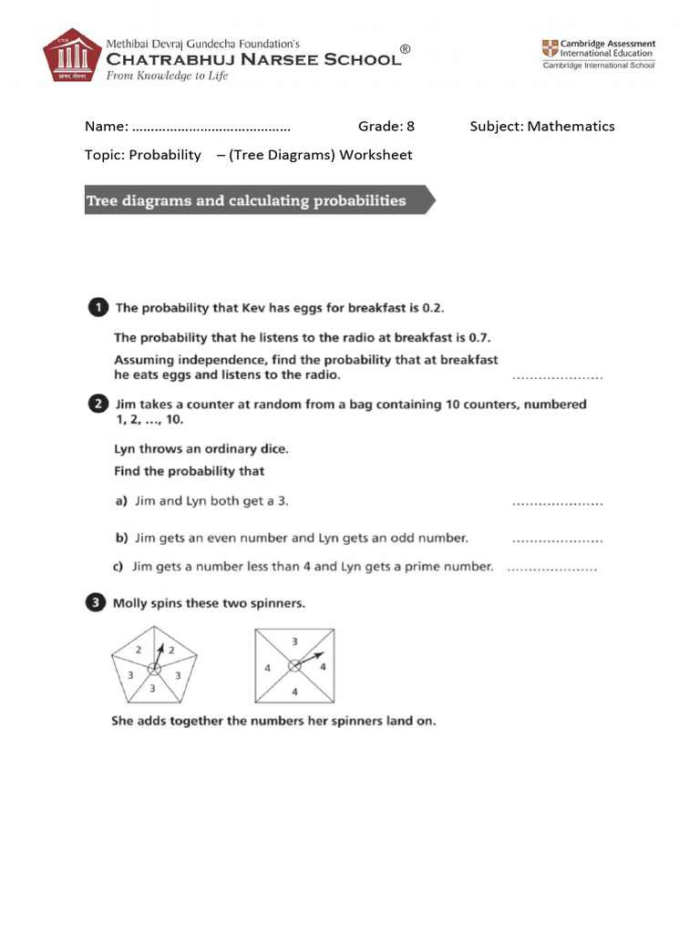 GR8 Probability Tree Diagram Relative Frequency Worksheet | PDF