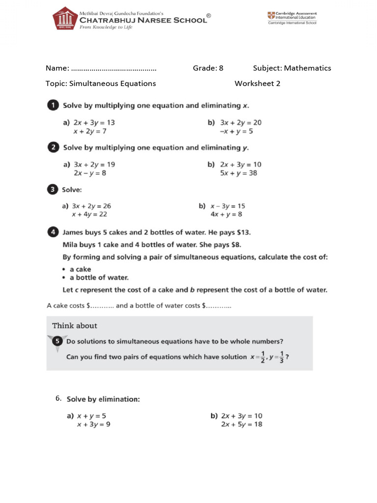 Simultaneous Equations Worksheet | PDF