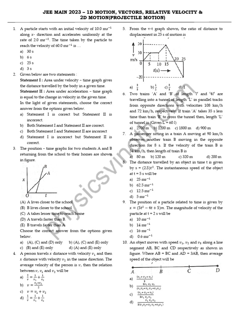 1d, Vec, Rel& 2d QP With Solutions - Watermark | PDF | Speed | Projectiles