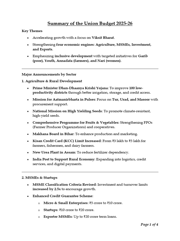 Summary of The Union Budget 2025 | PDF | Taxes | Income Tax