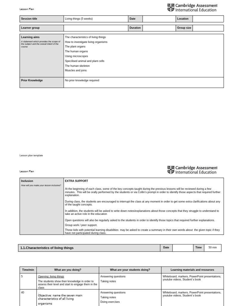 Cambridge Lesson Plan - Y7 - Living Things | PDF | Learning | Skeleton