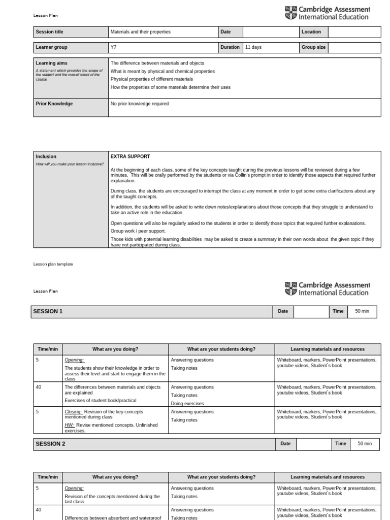 Cambridge Lesson Plan - Y7 - Materials and Properties | PDF | Learning ...