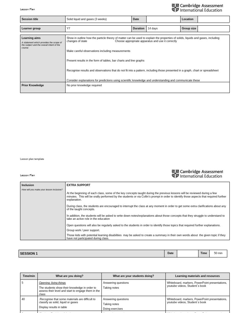 Cambridge Lesson Plan - Y7 - Solid Liquid and Gases | PDF | Melting ...