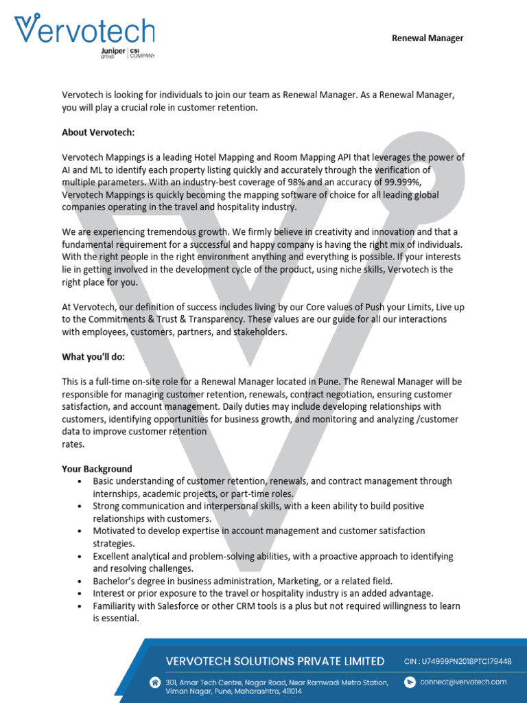 Renewal Manager Job at Vervotech | PDF | Employee Retention | Business