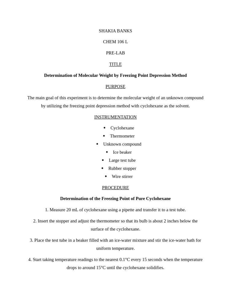 determination of molar mass by freezing point depression notebook | PDF ...