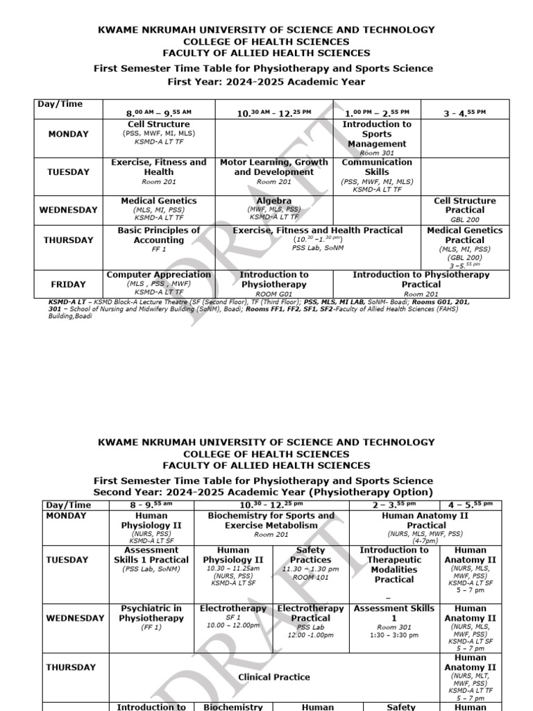 KNUST Physiotherapy Timetable 2024 | PDF | Physical Therapy | Radiography