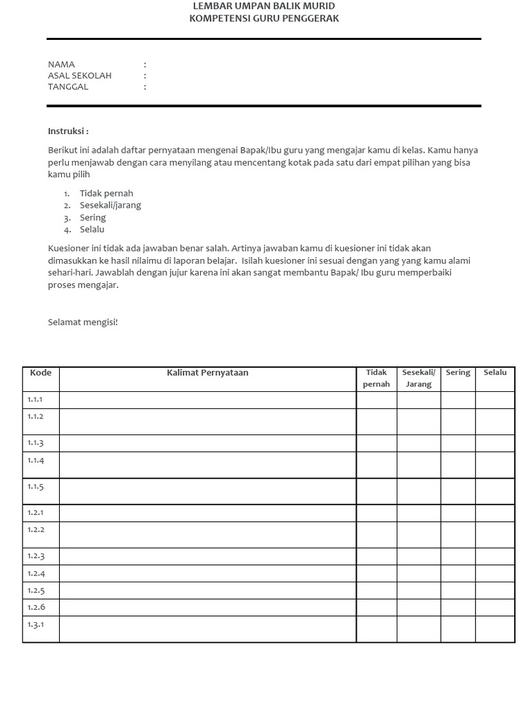 Lembar Kuisioner Murid SMP - SMA - A5 FINAL 150522 | PDF