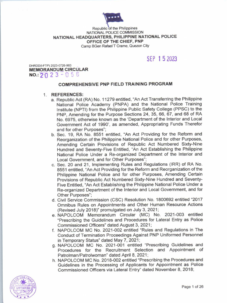 PNP MC 2023 056 Comprehensive PNP Field Training Program 20230926 ...