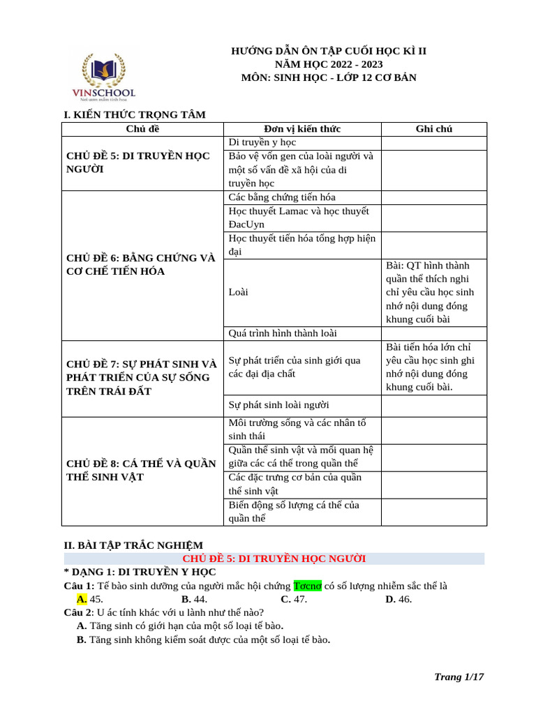 HKII - ĐC - Sinh học 12CB chữa note | PDF