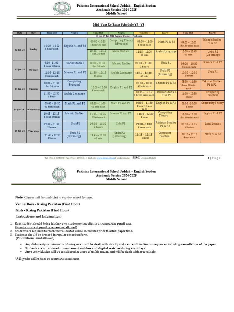 Mid Year Re-Exam Schedule (Y5-Y8) 24-25 66910744 | PDF