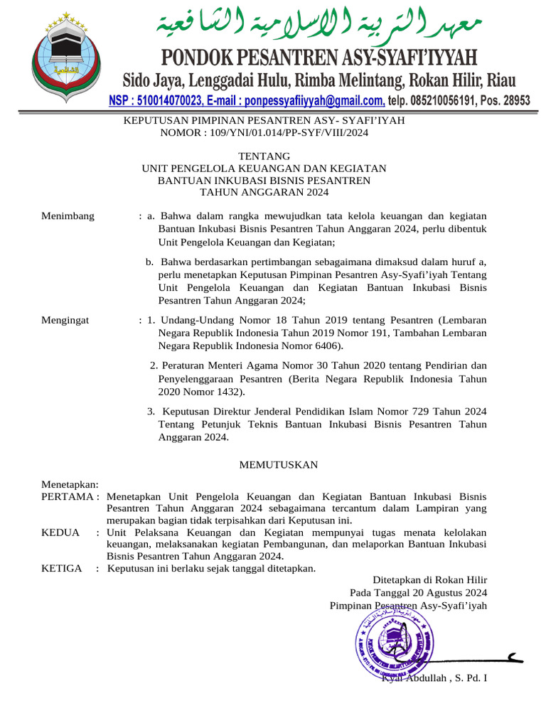 Surat Keputusan Pimpinan Pesantren Tentang UPK2B | PDF