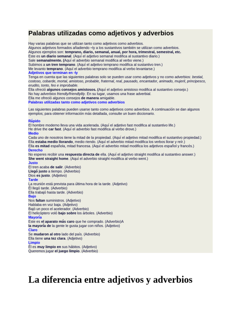 Palabras Que Se Usan Como Adjetivos y Adverbios | PDF | Adverbio | Adjetivo