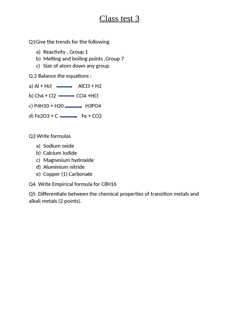 Chemistry Class Test: Trends & Equations | PDF