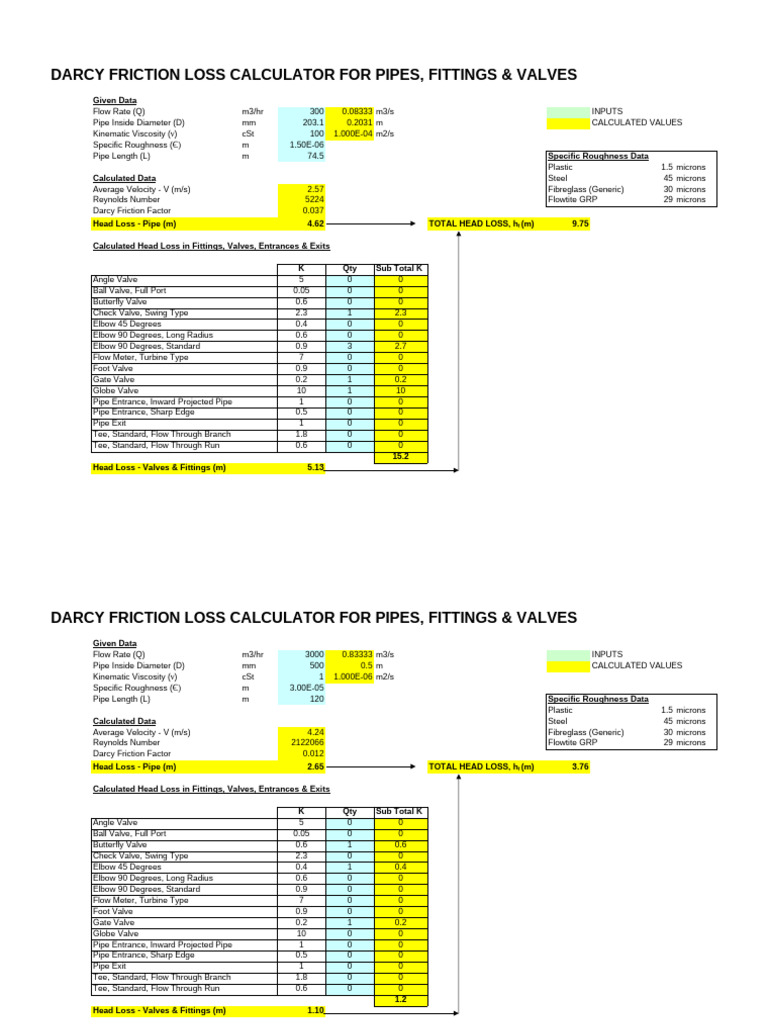 Darcy Friction Loss Calculator for Pipes | PDF | Valve | Civil Engineering