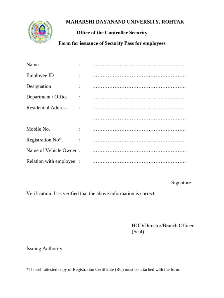 Form For Issuance of Security Pass | PDF | Authentication | Access Control