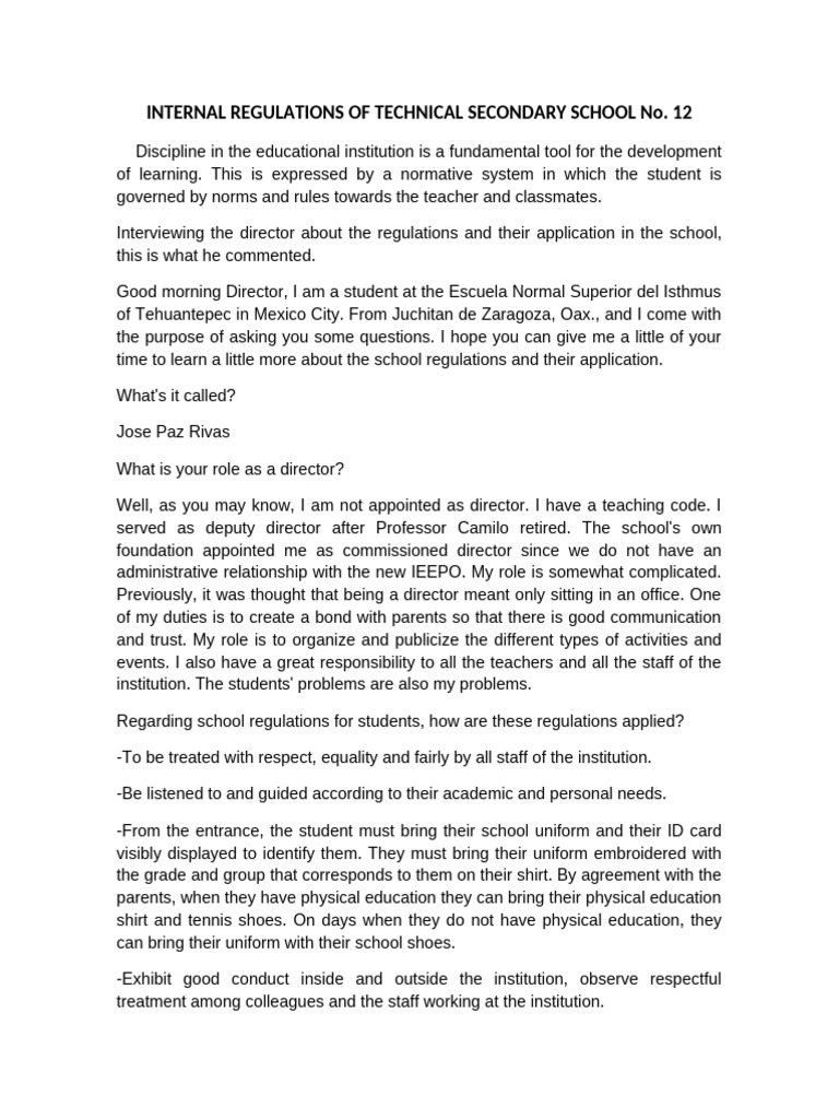 Internal Regulations of Technical School 12 | PDF | Teachers | Bullying