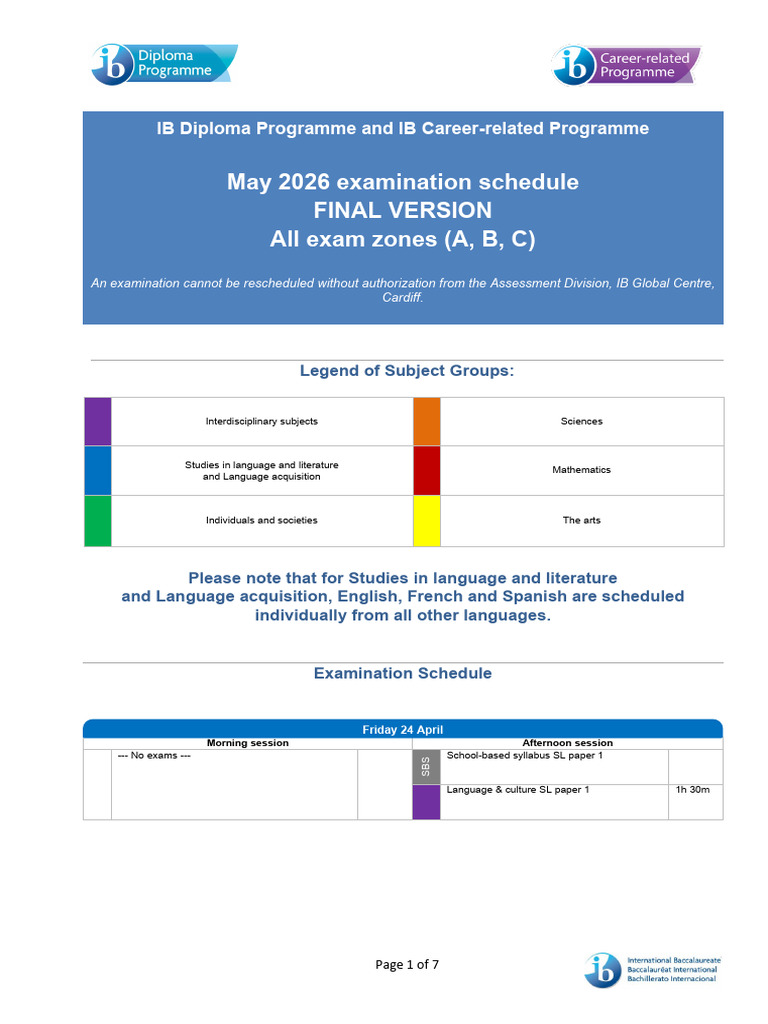 Ib Diploma May 2026 Exam Schedule Pdf