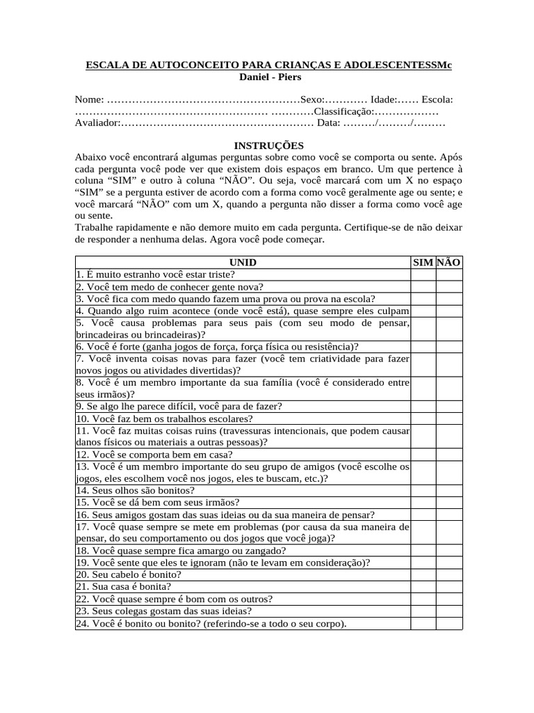 Escala de Autoconceito para Crianças e Adolescentes | PDF | Autoimagem ...