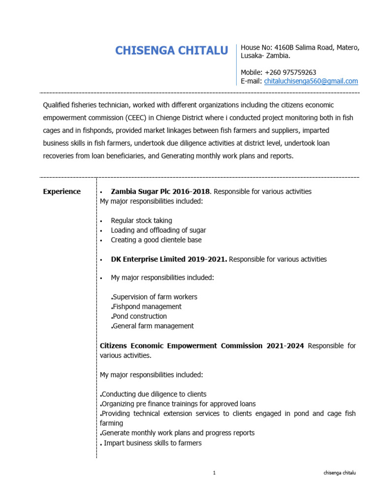 CHITALU CHISENGA, S CV.. - Copy 2 | PDF | Food Industry | Fish And Humans