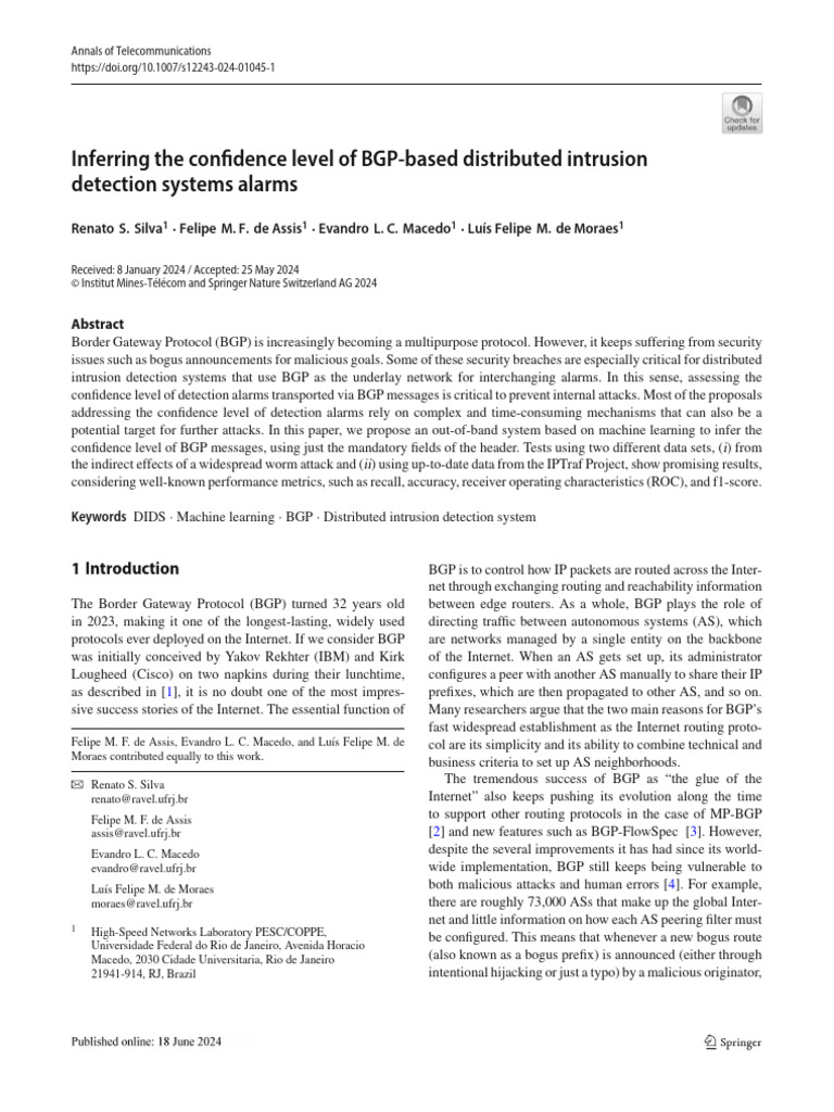 Inferring The Confidence Level of BGP-based Distributed Intrusion Detection Systems Alarms | PDF ...