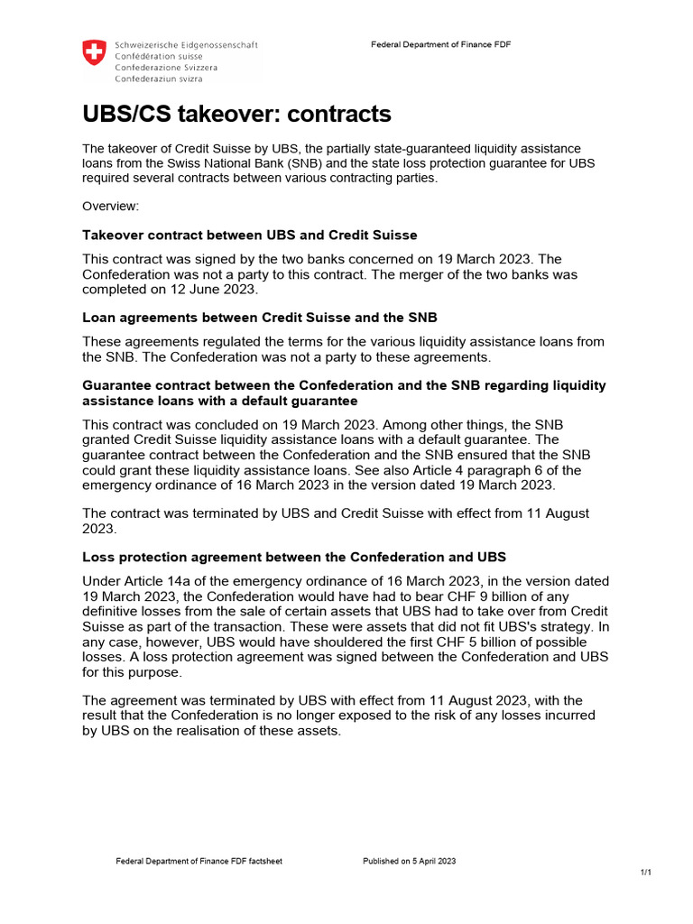 UBS/CS Takeover: Contracts: Federal Department of Finance FDF | PDF
