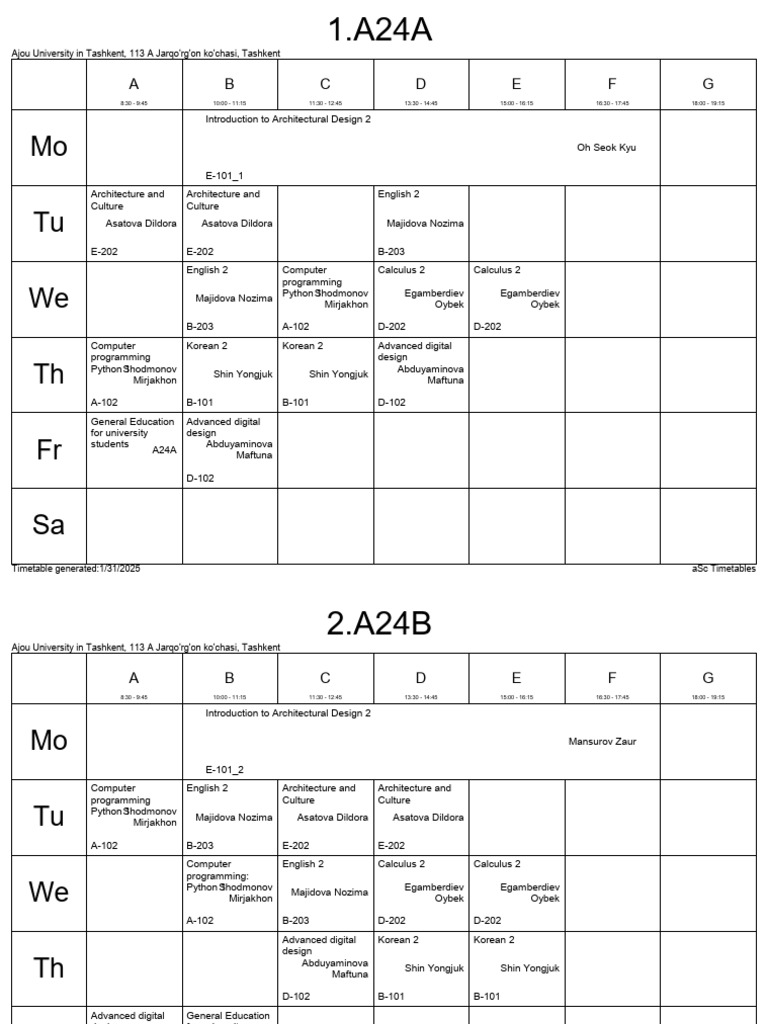 Student TimeTable-20250131 | PDF | Science | Real Estate