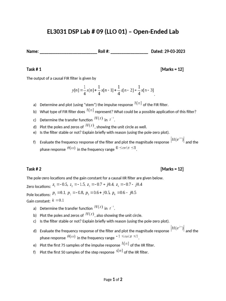 DSP Lab Spring 23 Exp-09-Open-Ended Problem | PDF | Digital Signal Processing | Electronics
