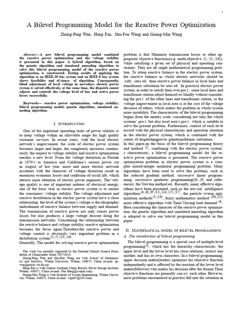 A Bilevel Programming Model for the Reactive Power Optimization | PDF | Mathematical ...