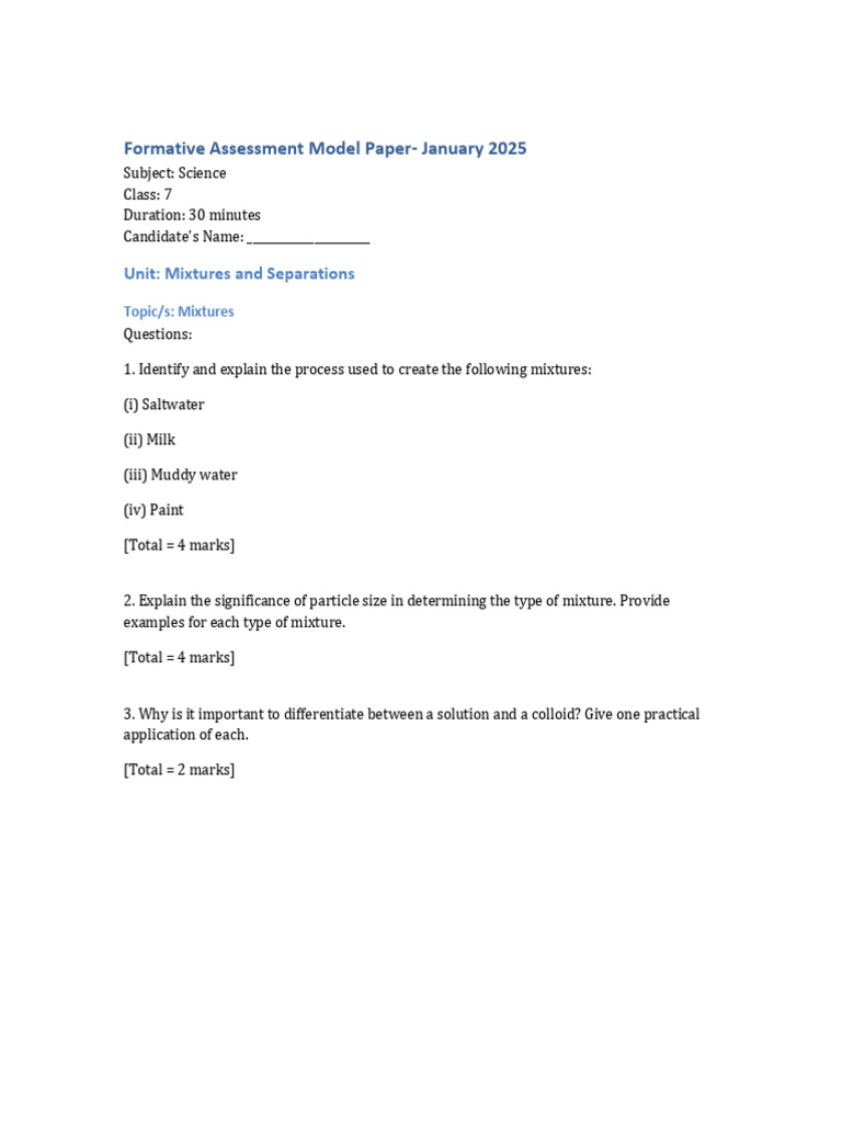 Science Formative Assessment Questions | PDF