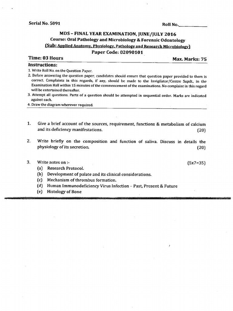 MDS Oral Pathology and Microbiology and Forensic Odontology Final Year Examination June July ...