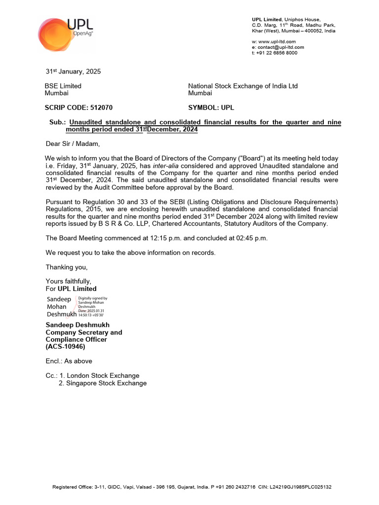 UPL Limited Q3 2024 Financial Results | PDF | Audit | Accounting