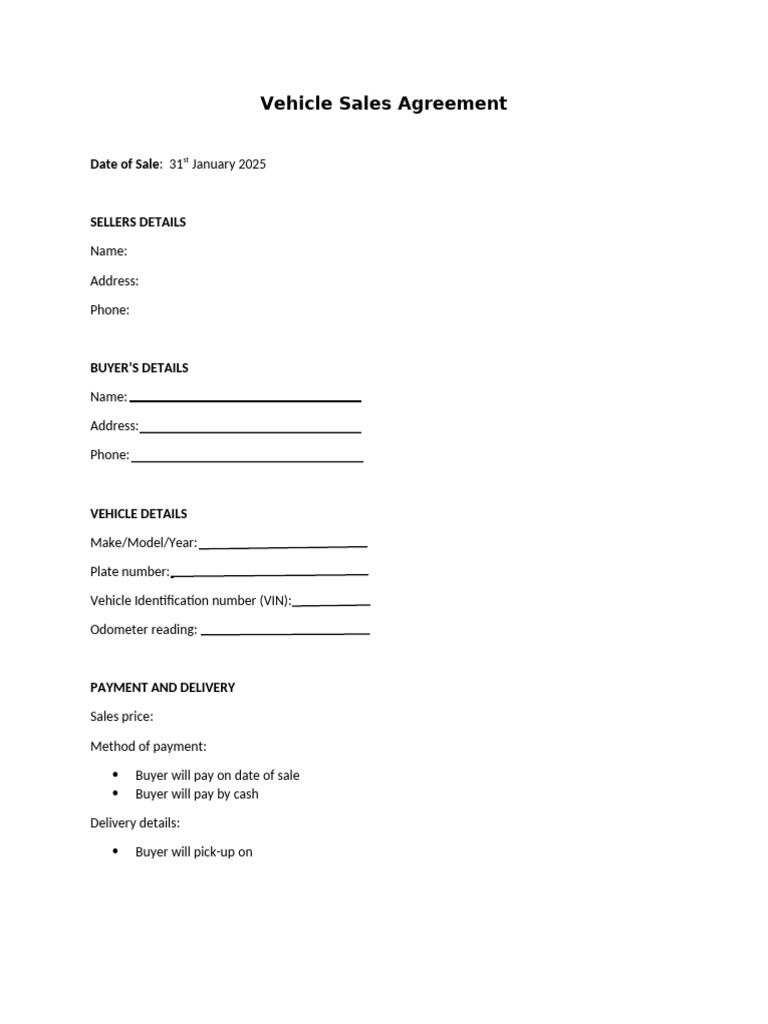 Vehicle Sales Agreement Template | PDF