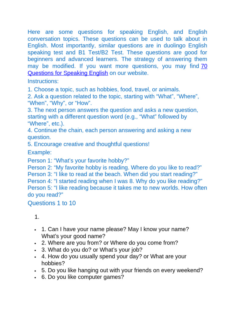 Speaking English 50 Questions | PDF | Question | English Language