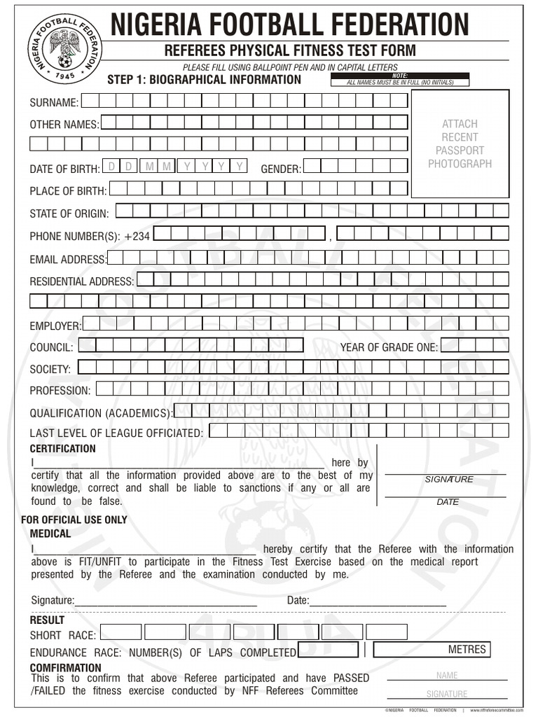 Fitness Test Form-1 | PDF