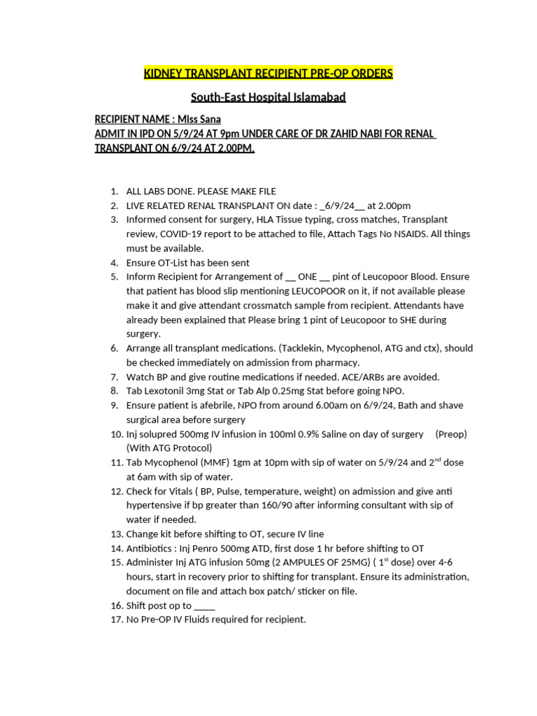 Pre Op Orders For Transplant 2.00pm Sana | PDF | Organ Transplantation ...