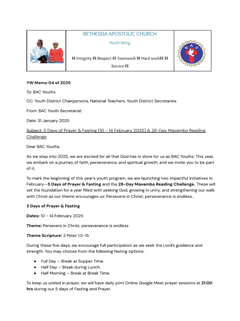 BAC YW Memo 04 of 2025 - Prayers & Fasting - 28 Day Mavambo Reading ...