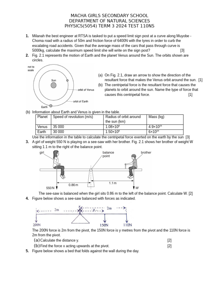 Physics Test: Forces and Motion Concepts | PDF | Force | Orbit