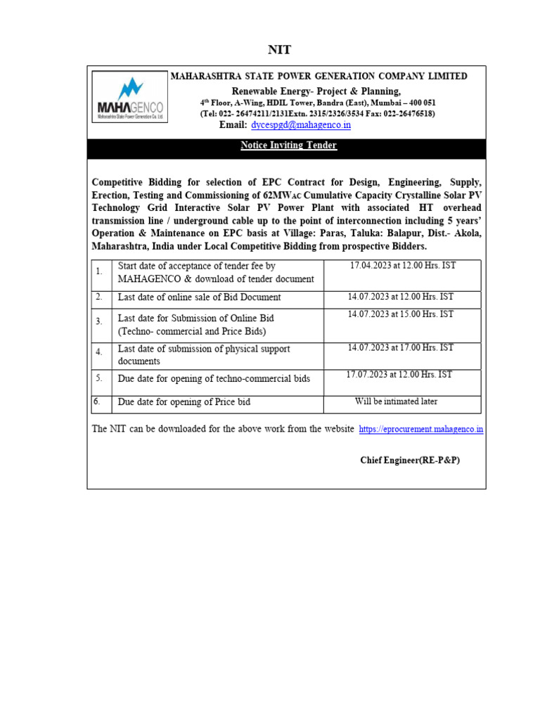 62MW Solar EPC Tender in Maharashtra | PDF