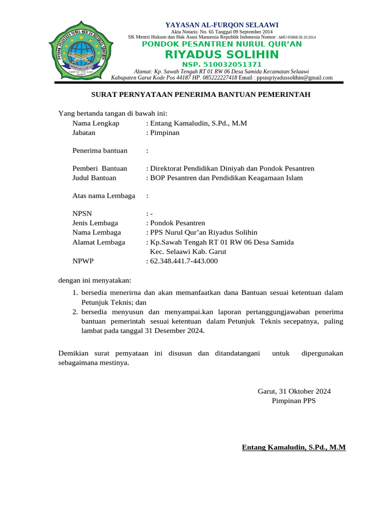 Surat Pernyataan Penerima Bantuan Pesantren | PDF