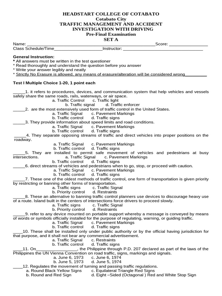 Pre Final Examination CDI4 SET A | PDF | Traffic | Traffic Light
