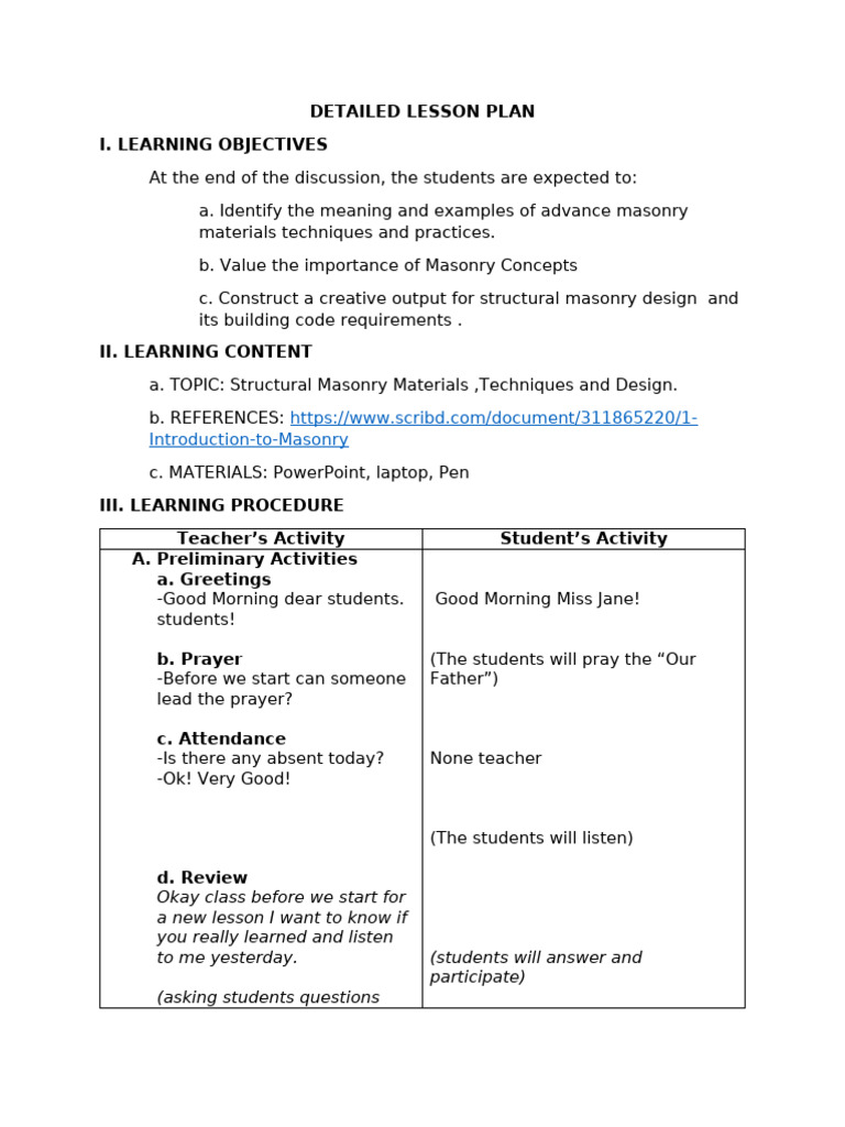 DETAILED LESSON PLANMasonry | PDF | Masonry | Concrete