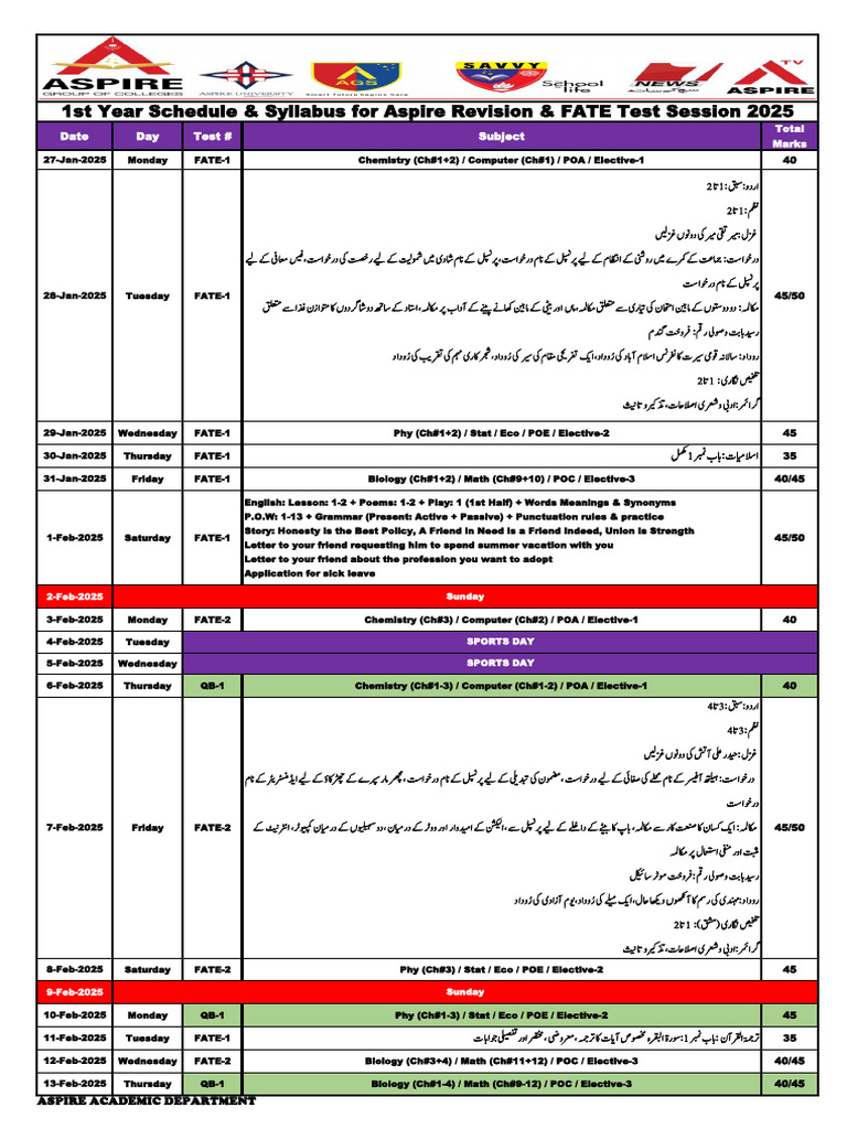 1st Year Schedule & Syllabus For Aspire Revision & FATE Test Session ...
