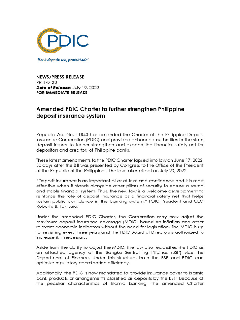 Amended PDIC Charter Enhances Deposit Insurance | PDF | Deposit ...