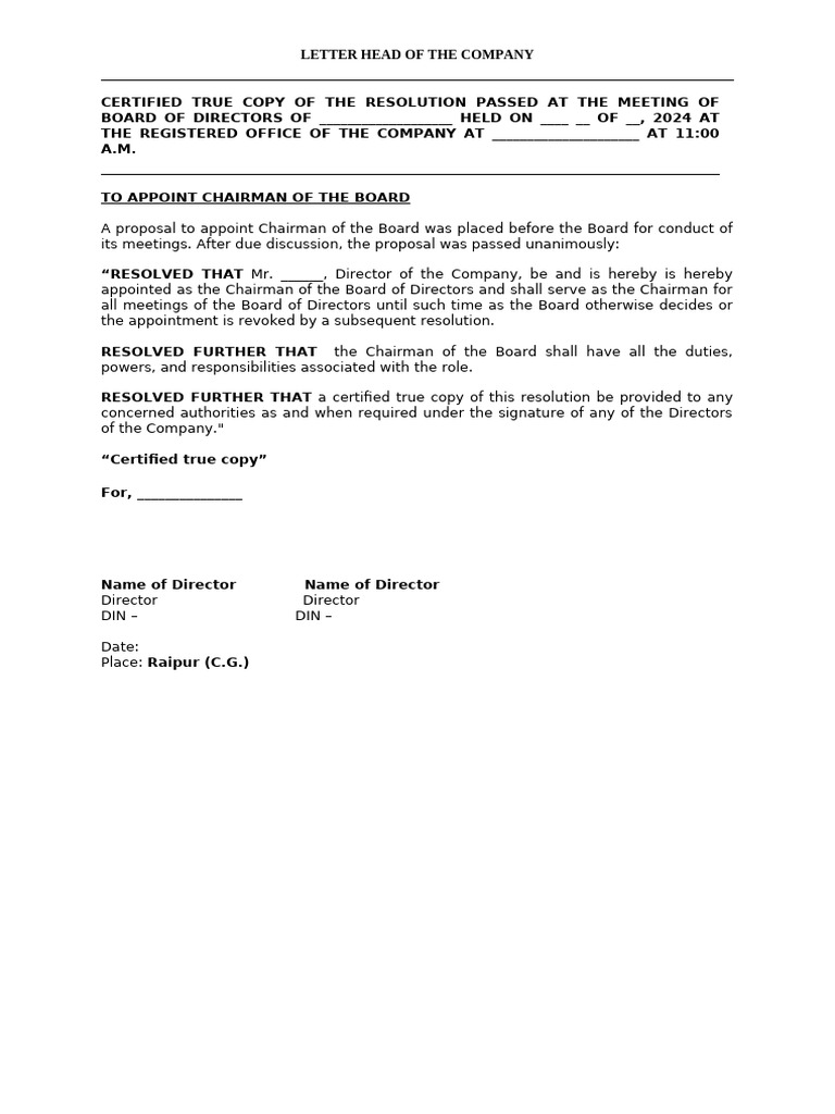 Board Resolution for Chairman Appointment | PDF