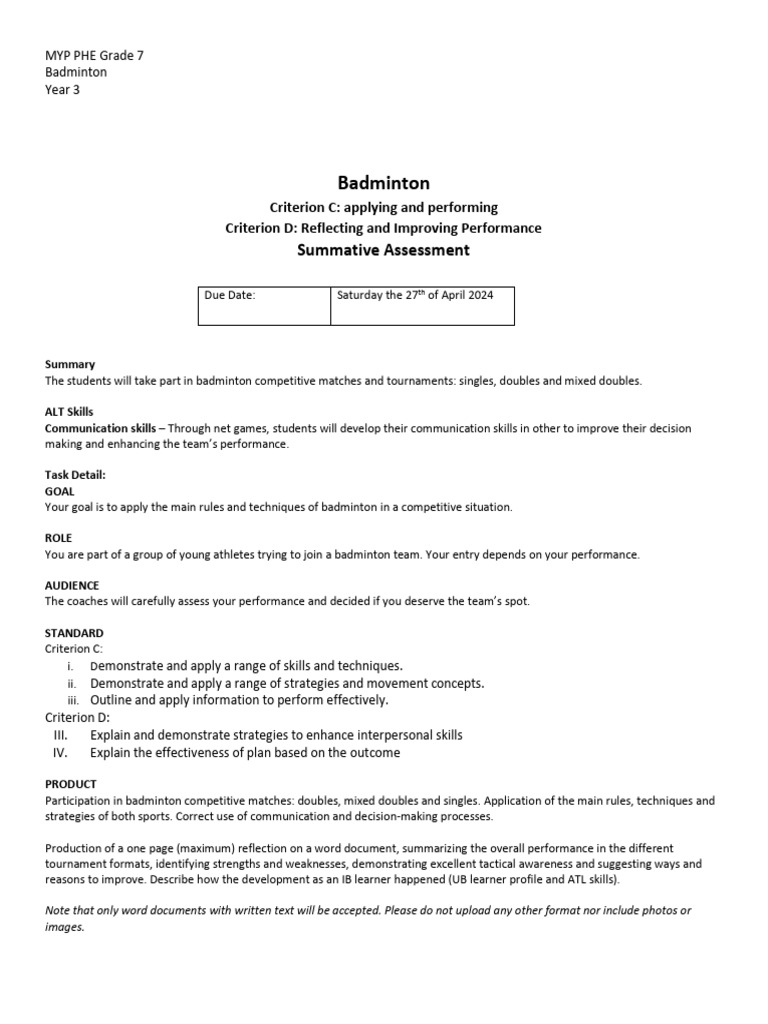 Task Description - MYP 2 - Badminton | PDF | Communication | Behavior ...