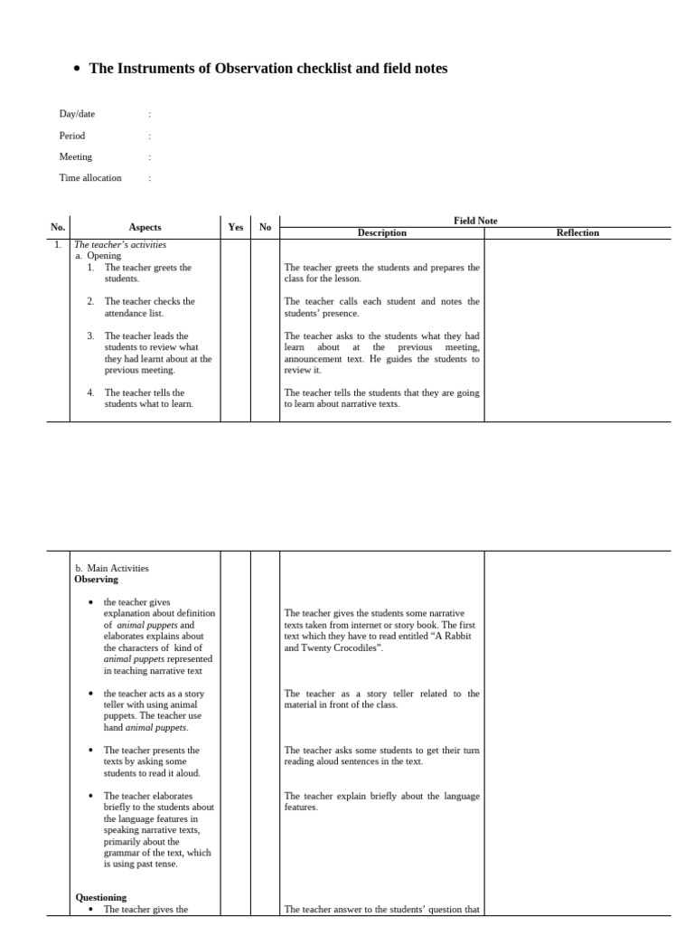 Appendix Observation Checklist and Field Notes | PDF | Narrative | Teachers