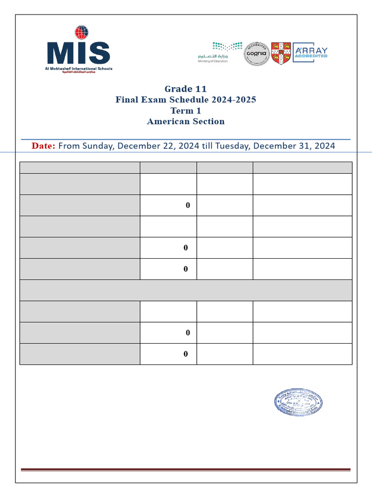 Gr. 11 American Final Exam Schedule Term 1 2 | PDF